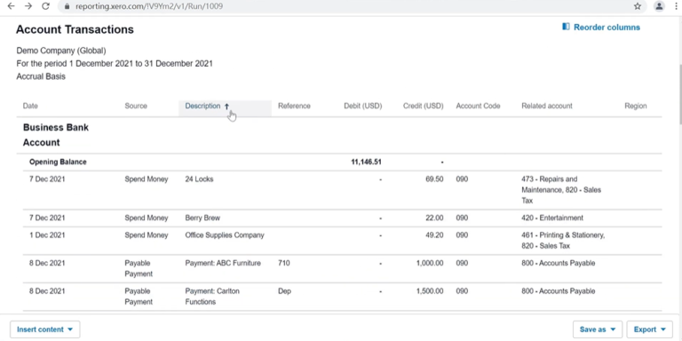 Xero Account Transaction Report